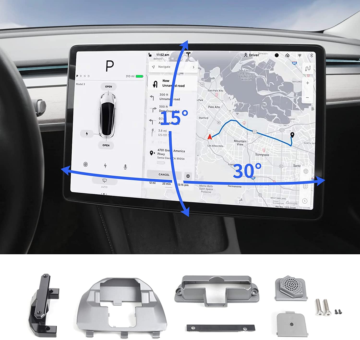 Hautosport Console Dashboard Screen Swivel Mount kit For Model 3/Y/3 H